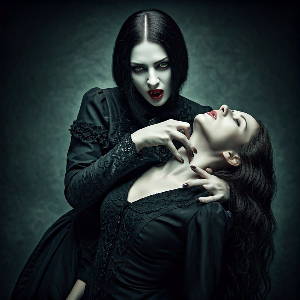 Vampire Bites in Dark, Gothic Victorian Elegance - AI Art