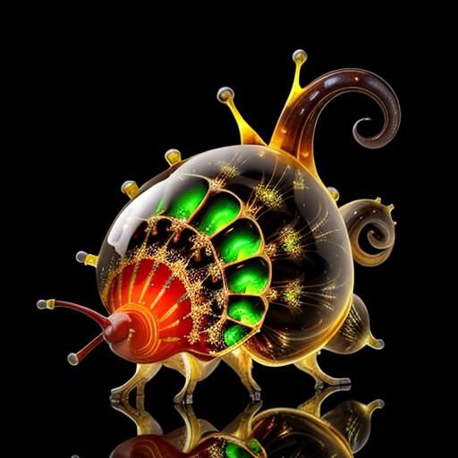 Transparent glass snail-shell filled with bioluminescent fractal plants ...