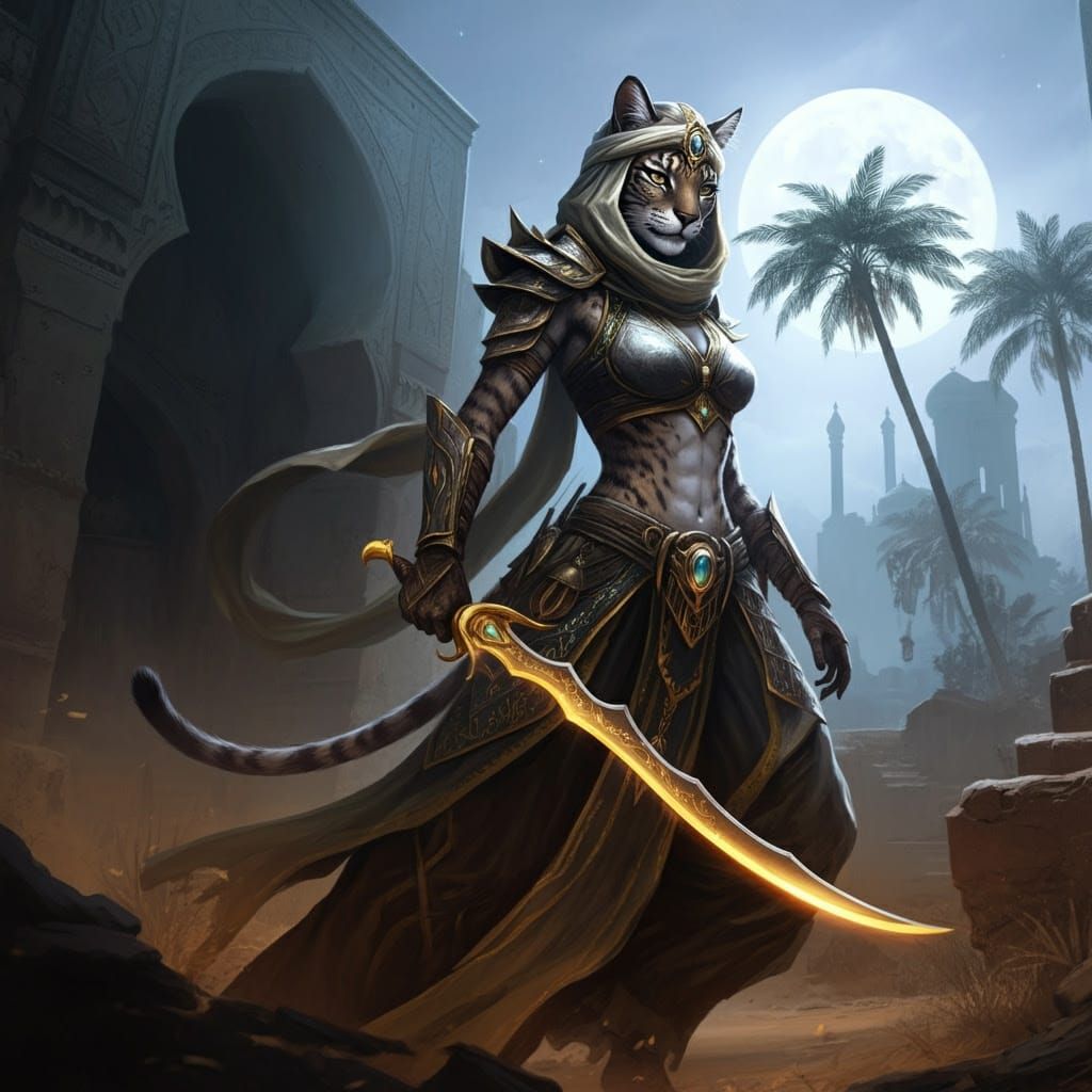 Elegant Khajiit Warrior Wields Scimitar Under Dese... - AI Art