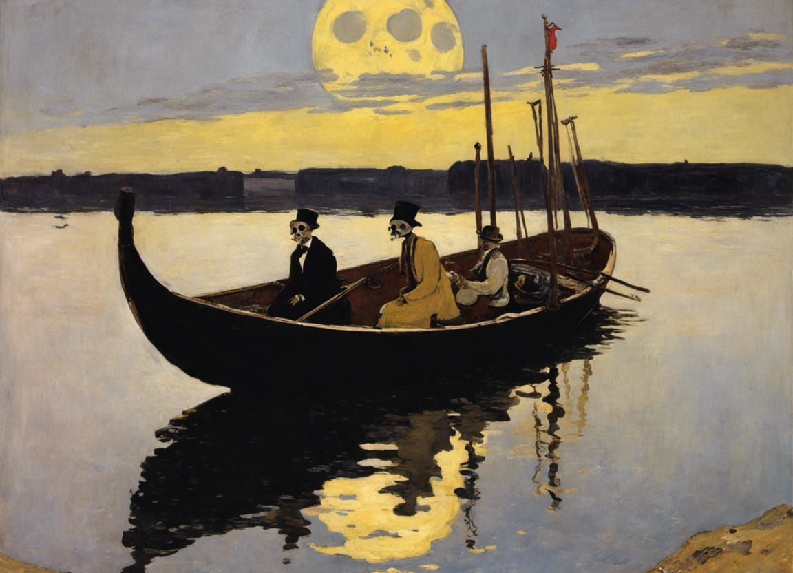 “Two laughing skeletons on a boat on Moon river” atmospheric ...
