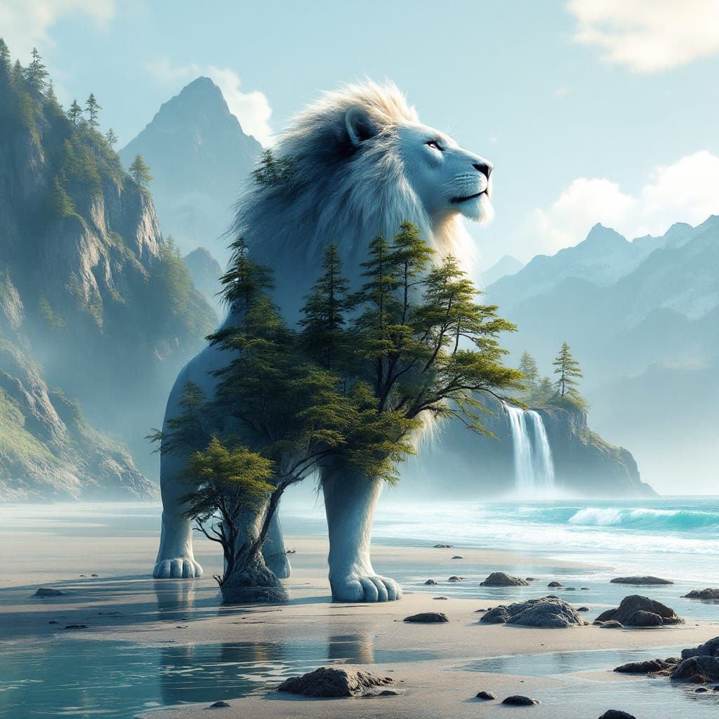 The lion - Ethereal Lion Silhouette Amidst Serene Landscape