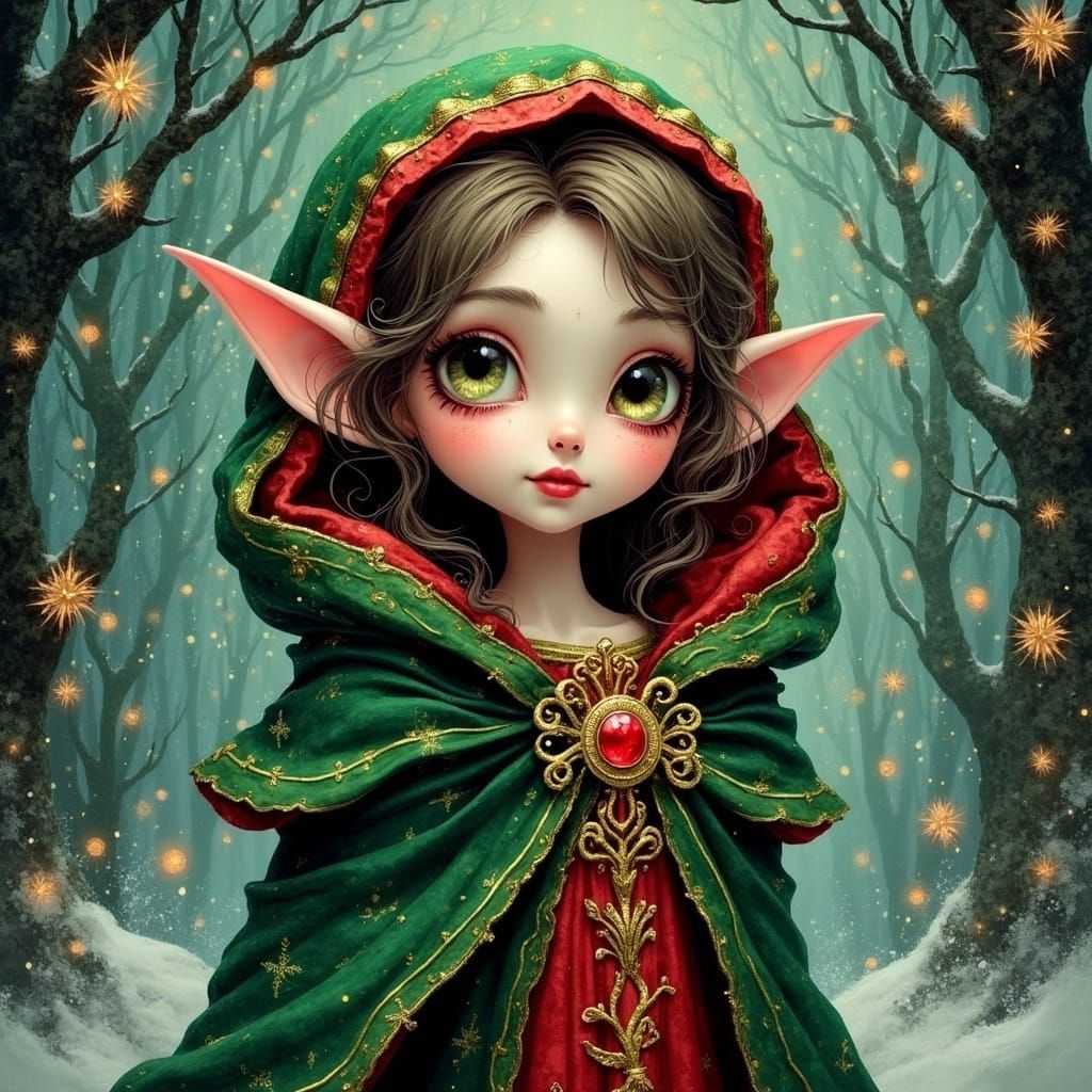 Beautiful Christmas elf, full body. Tim Burton Dan Mumford art deco ...