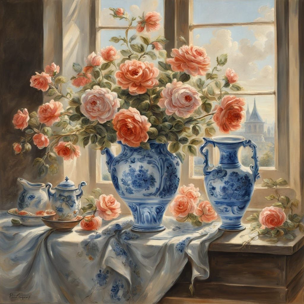 Delft Amphora with Roses in Sunlit Room - AI Art