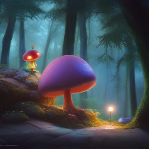 toadstool glows at night in the forest, thumbelina, made by stanley ...