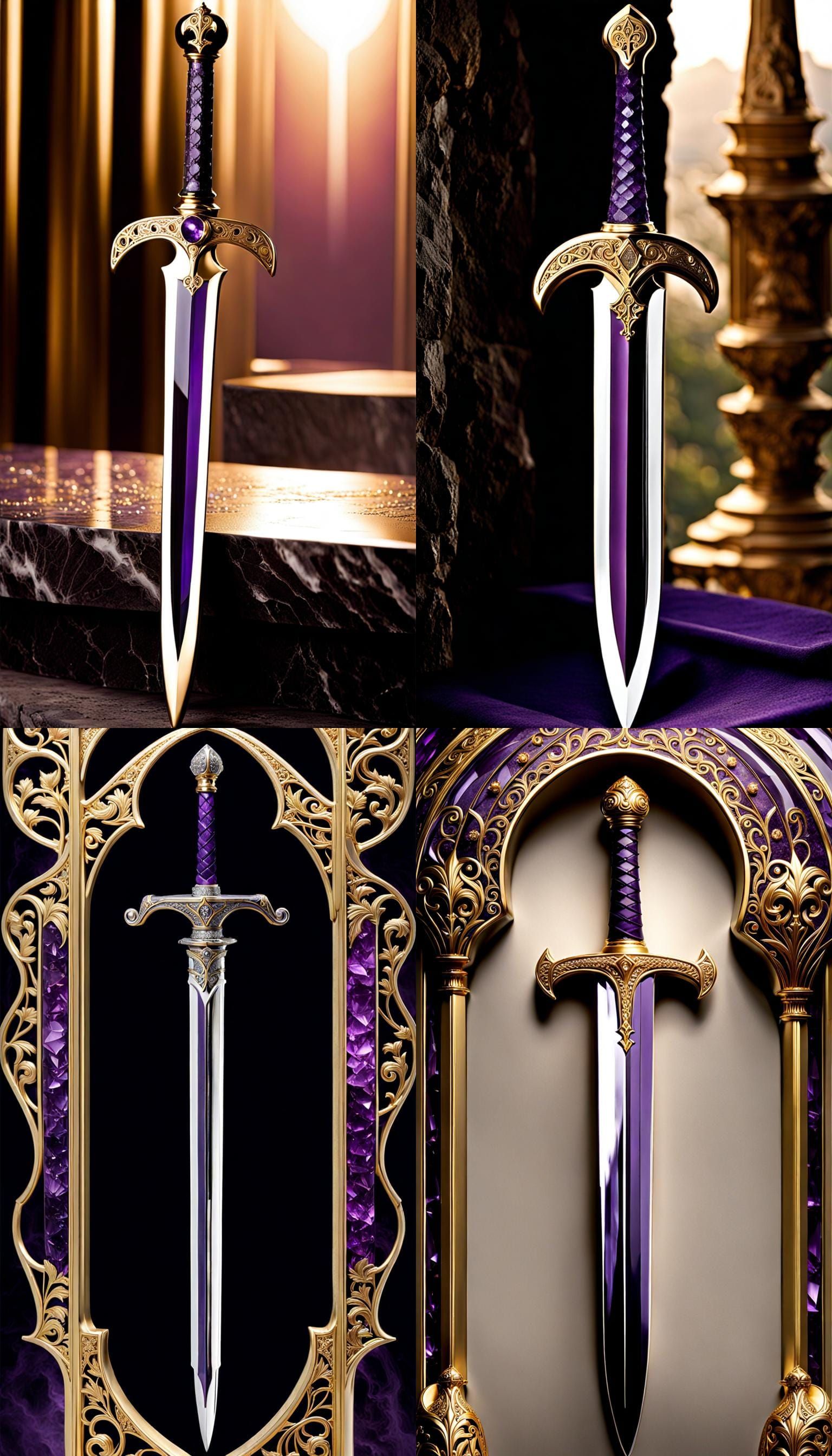 The Sword Excalibur Carved in Deep Amethyst Crystal Embedded in a ...