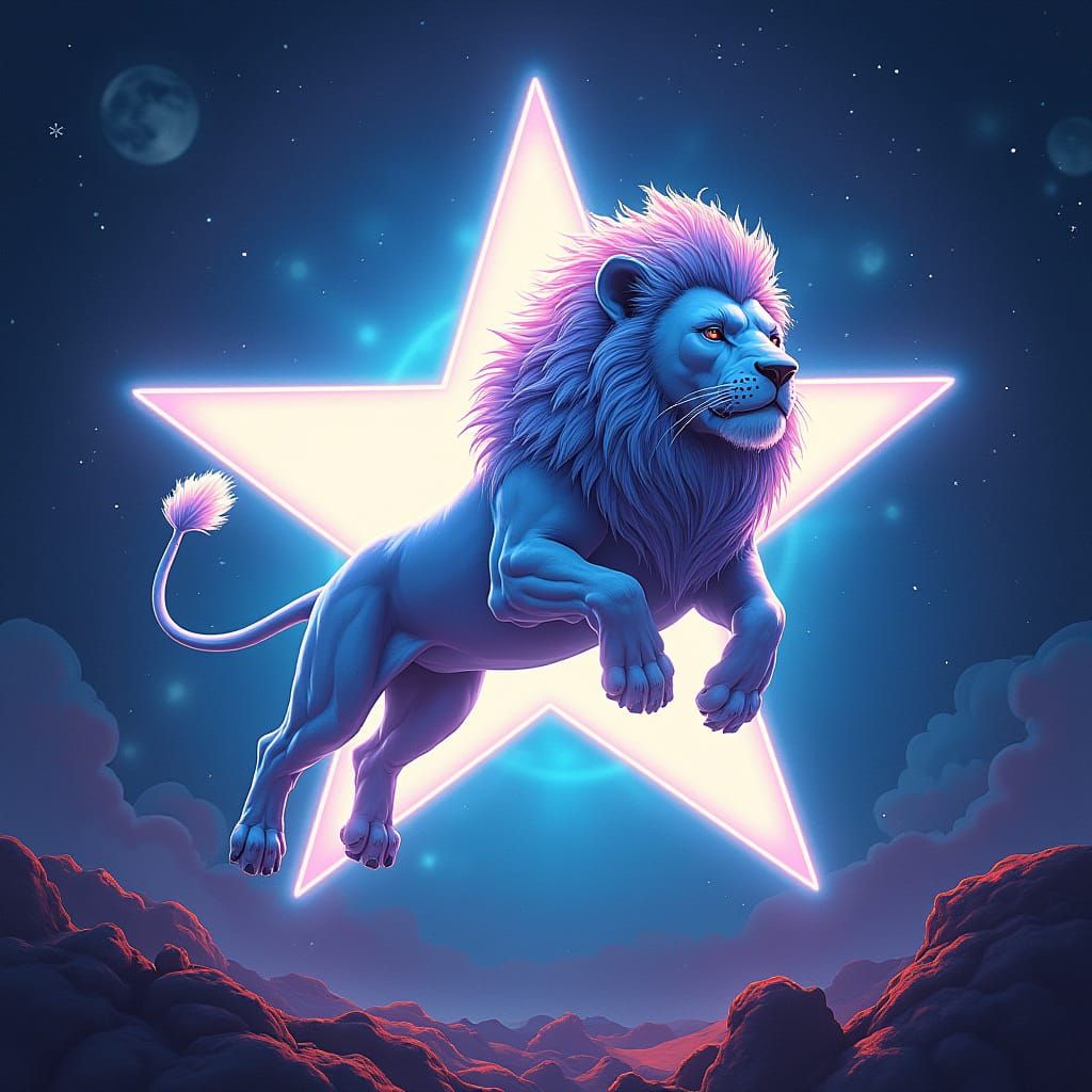 Galactic Lion Leaps Through Star in Futuristic Sty... - AI Art