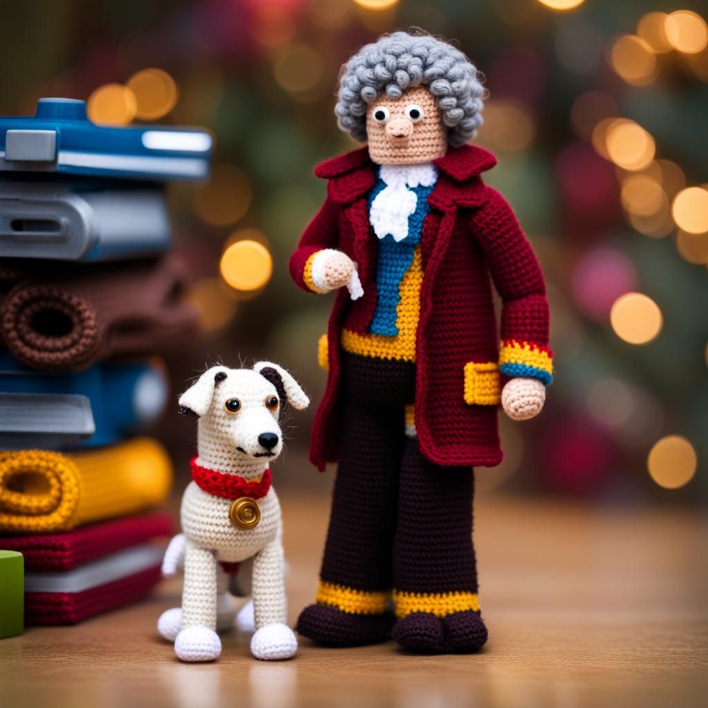Crochet Doctor Who Tom Baker with K9 and Leela - AI Generated Artwork - NightCafe Creator