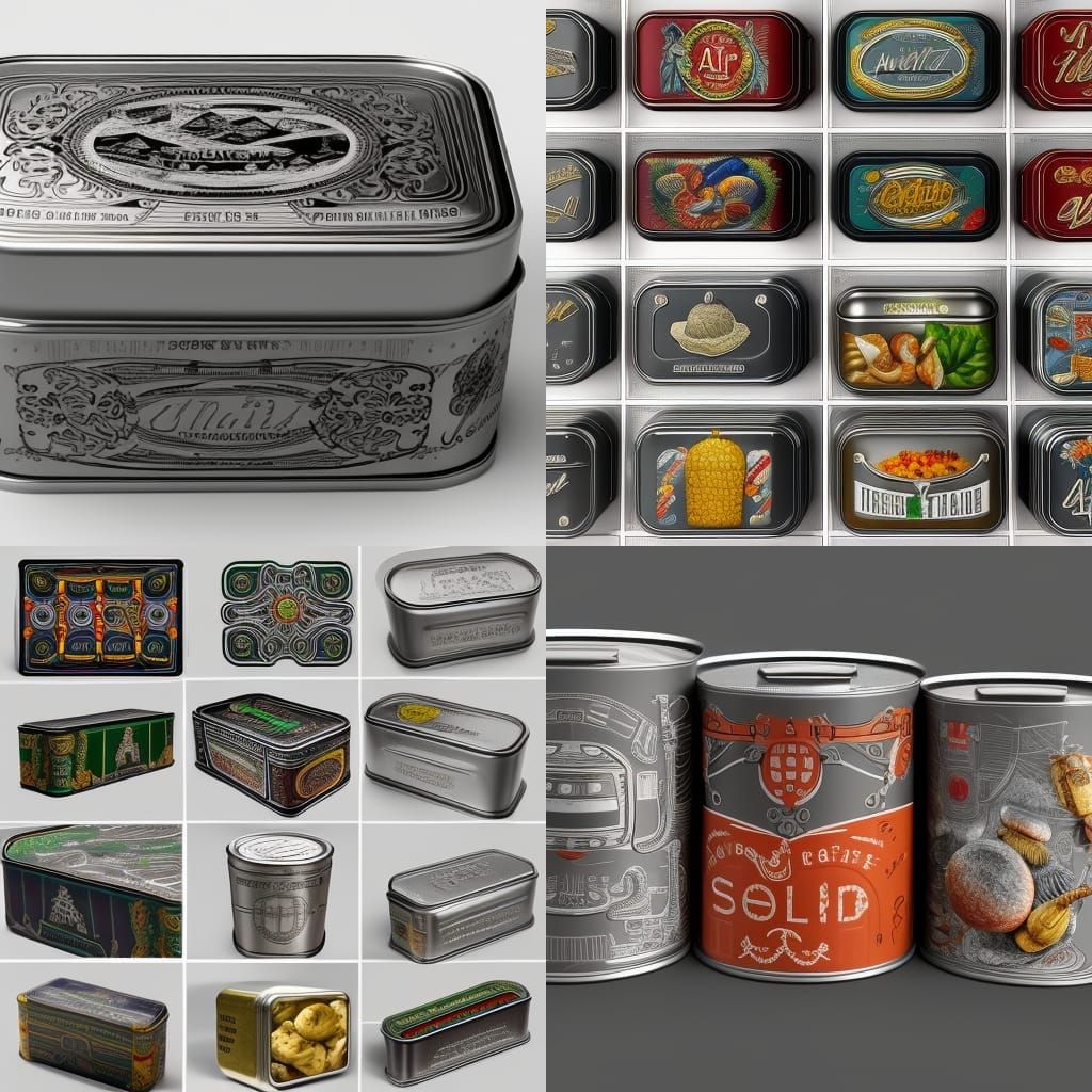 Food tins, different sizes, intricate detail labels and stickers on ...