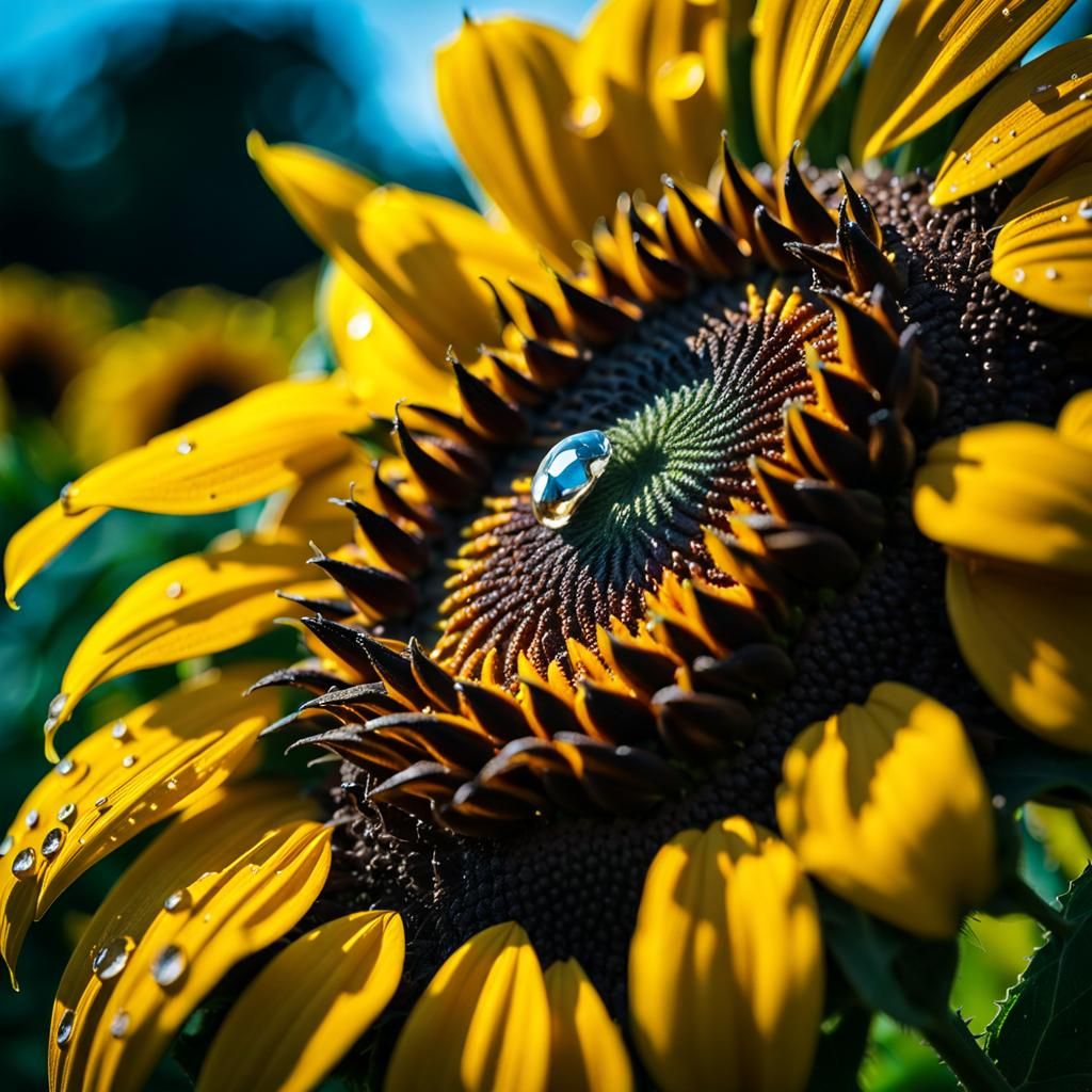 Dew drop on a sunflower 🇺🇦 - Sunflower Dew Drops: Close-Up...