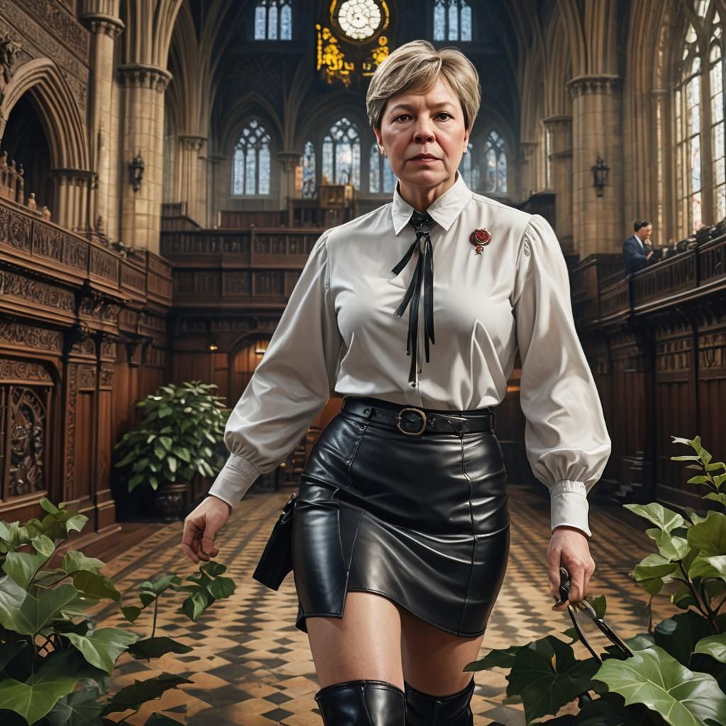 Maria Eagle dressed in a white blouse, very short black leather skirt ...