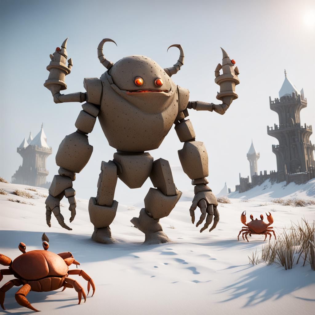 Unreal engine, a "sand castle" golem is walking through a snowy field ...