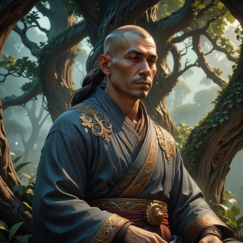 Ethereal Warrior Monk in a Majestic Banzai Tree Ho... - AI Art