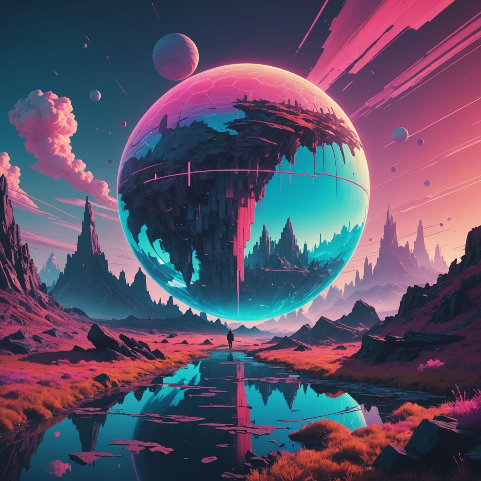 Art by Beeple, glitch landscape, digital fantasy world, vibrant colors ...