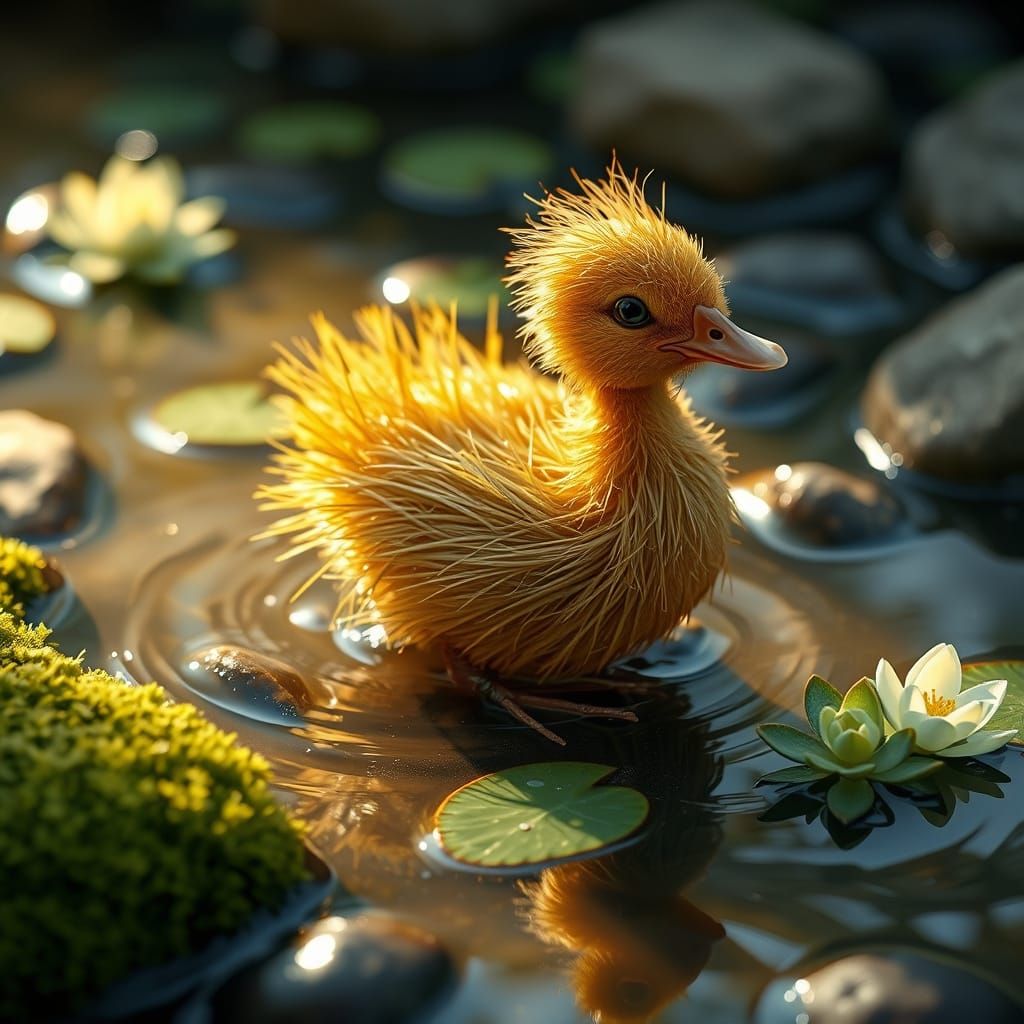 Whimsical Hay Duckling Waddles in Golden Puddle - AI Art