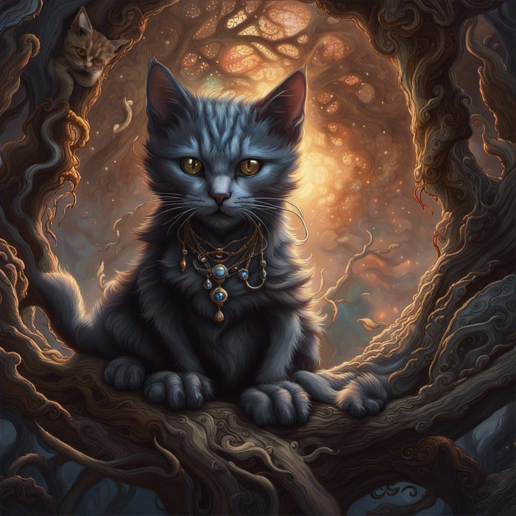 Demon god's feline amid sacred tree's core, juxtaposed by a holy demon ...