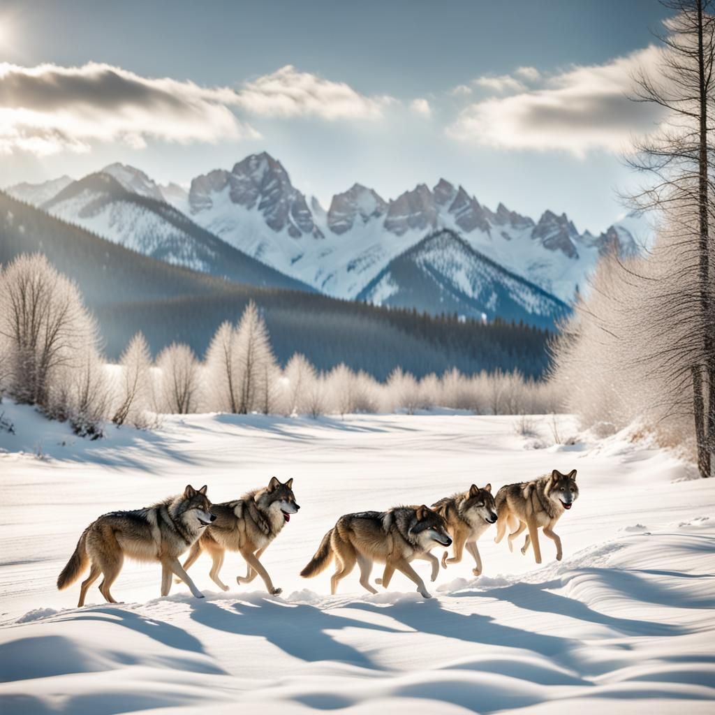 Several wolves approach treading through a snowy meadow, their fur ...