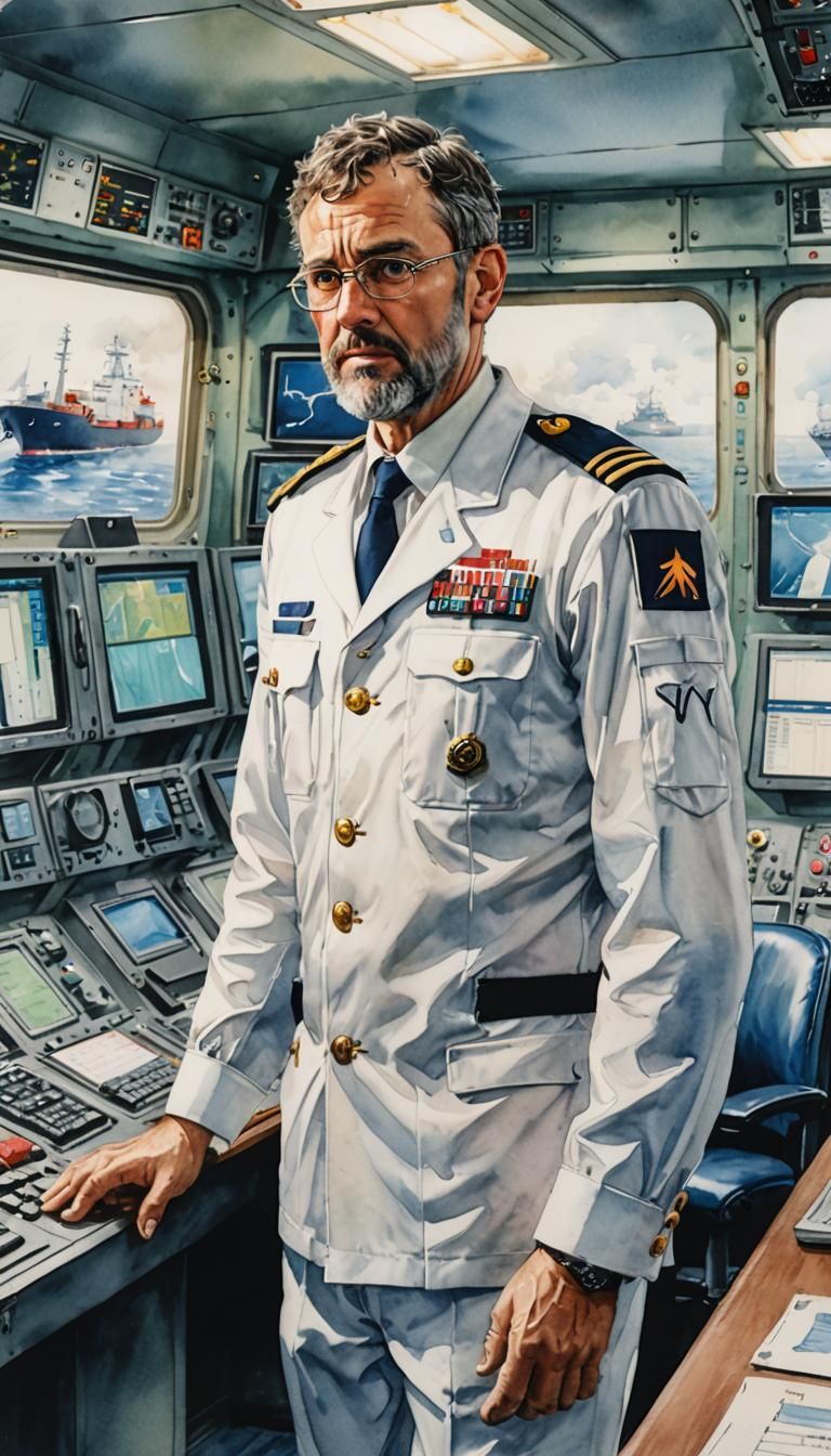 watercolor art of Captain Phillips wearing captain uniform, in the ...