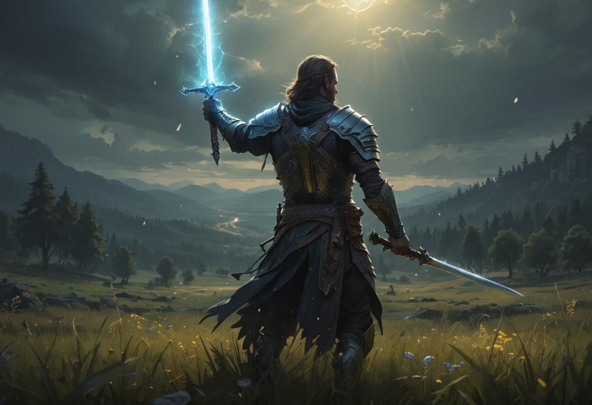 Creator with raised hands, warrior with luminous sword, landscape in a ...