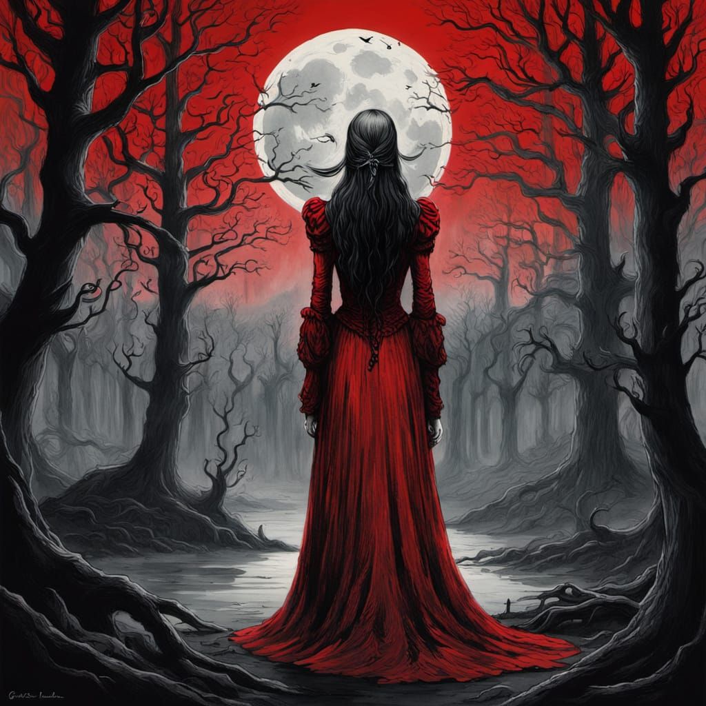 A gothic women in red long dress stands alone