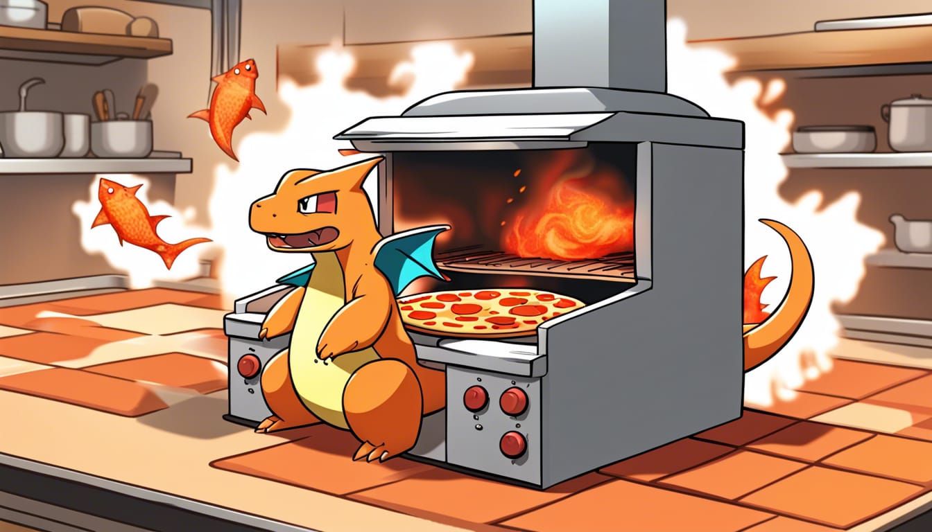charizard heating up an oven with his tail to cook a big pizza.... - AI ...