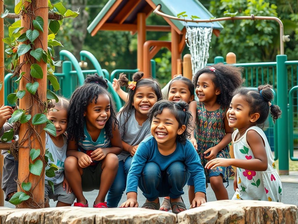 Diverse Children Play in Sustainable Solarpunk Pla... - AI Art