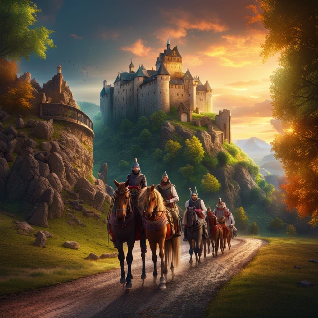 Fantasy, Medieval travelers and horses on road leading to hillside ...