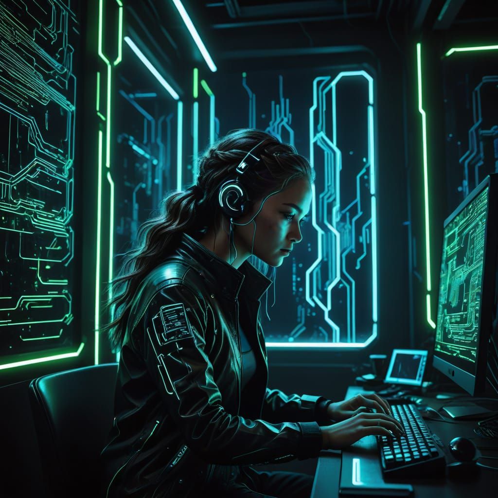 Coding the matrix - Cyberpunk Woman Coding in Neon Noir Futu...