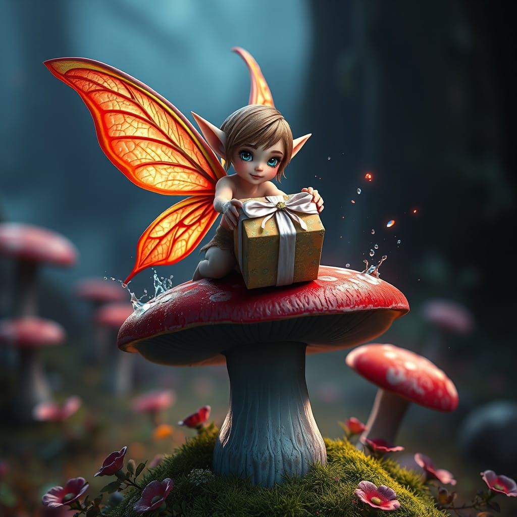 a tiny fae sitting on a toadstool reaching forward to present a wrapped gift