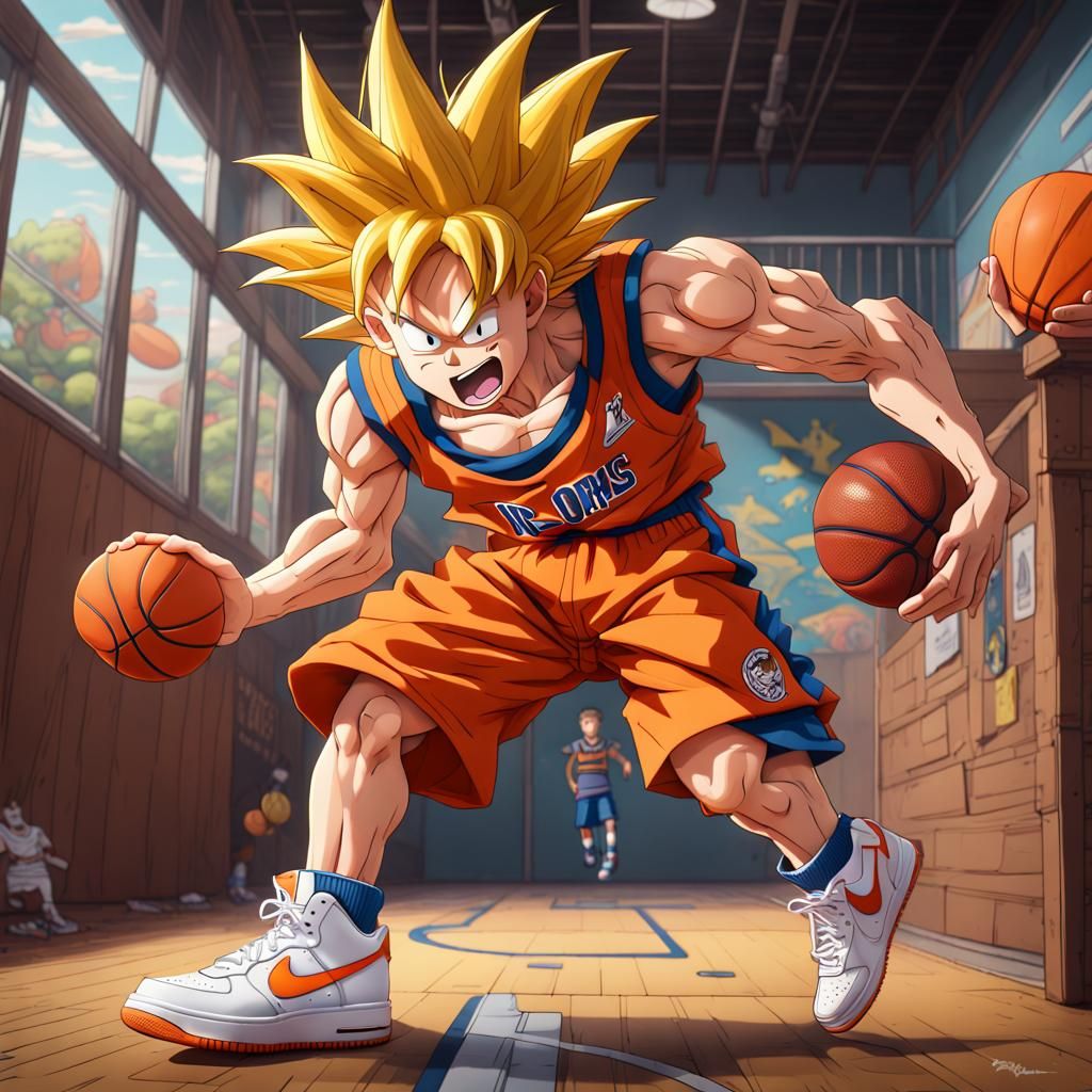 Goku wearing a pair of Nike air force ones playing basketball wearing a ...
