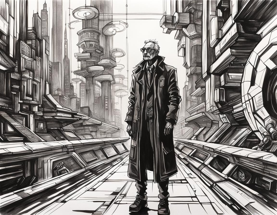professor monochromatic ink drawing futuristic cyberpunk - AI Generated ...