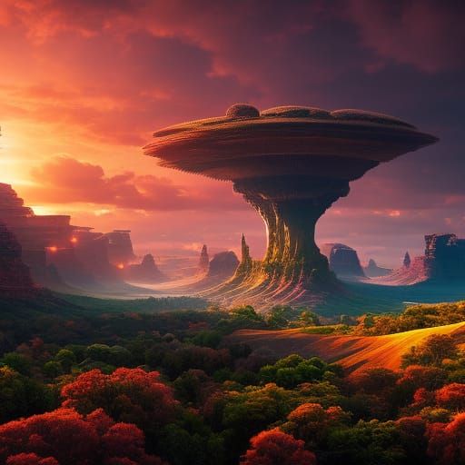 Alien Landscape: A UFO hovering over an alien landscape teeming with ...