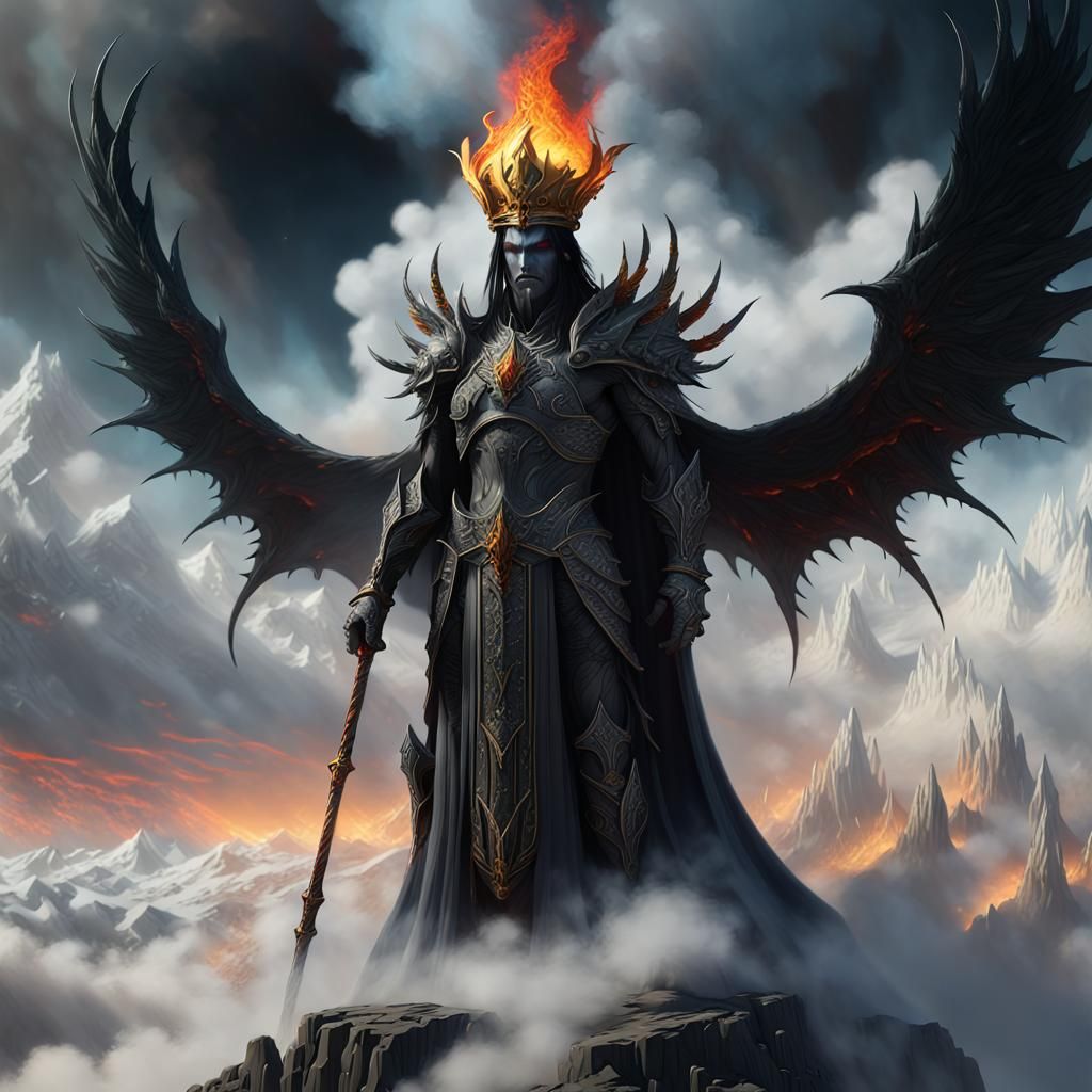 Morgoth, standing, head above the clouds, crowned with smoke and fire ...