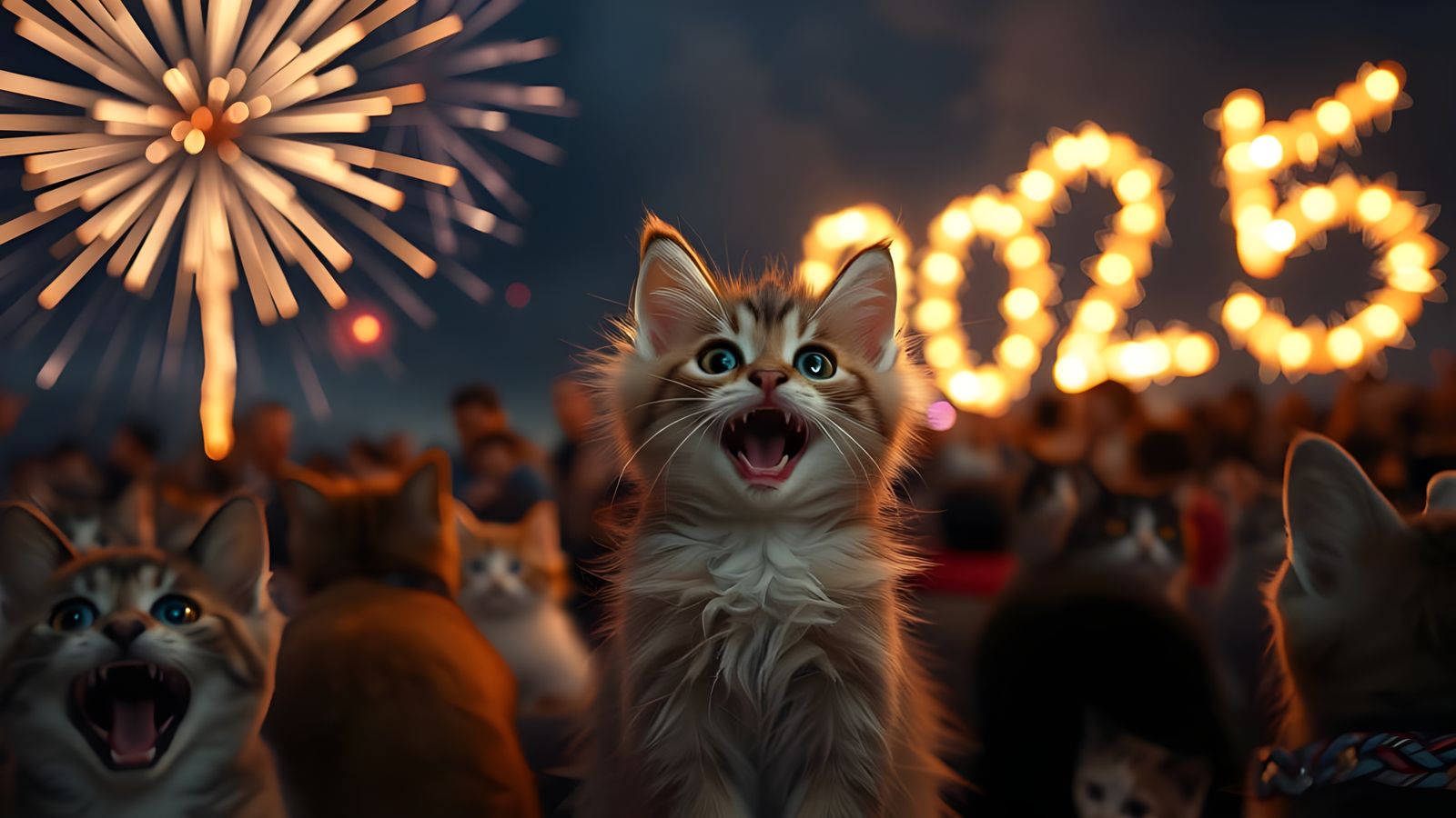 Cats happy new year ! - Cats Marvel at New Year's Fireworks...