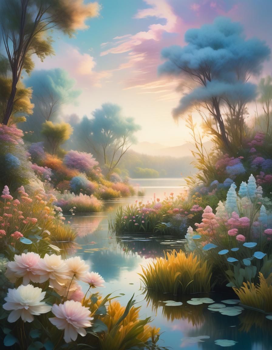 Ethereal Lake Paradise in Vibrant Impressionist St... - AI Art