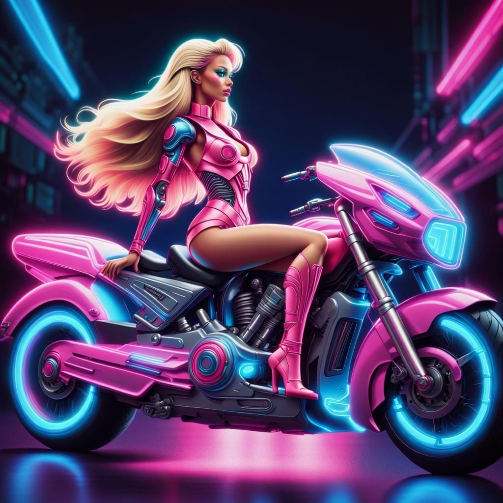 Create an abstract painting of a cyborg Barbie in side profile, facing ...