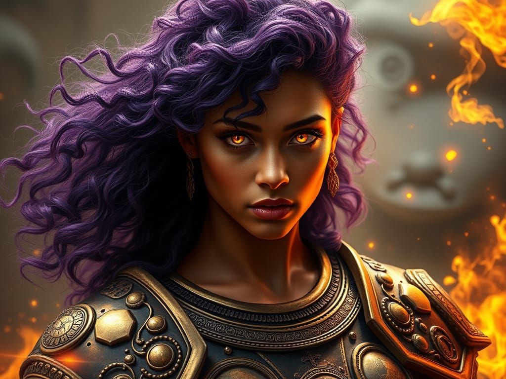 A young Oracle enveloped by sacred flame, ready for her enemies