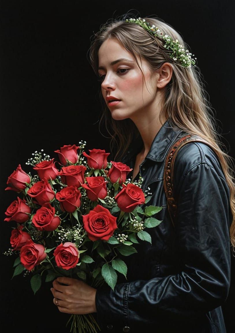 Red roses and babies-breath hyperdetailed hyperrealism Technicolor ...