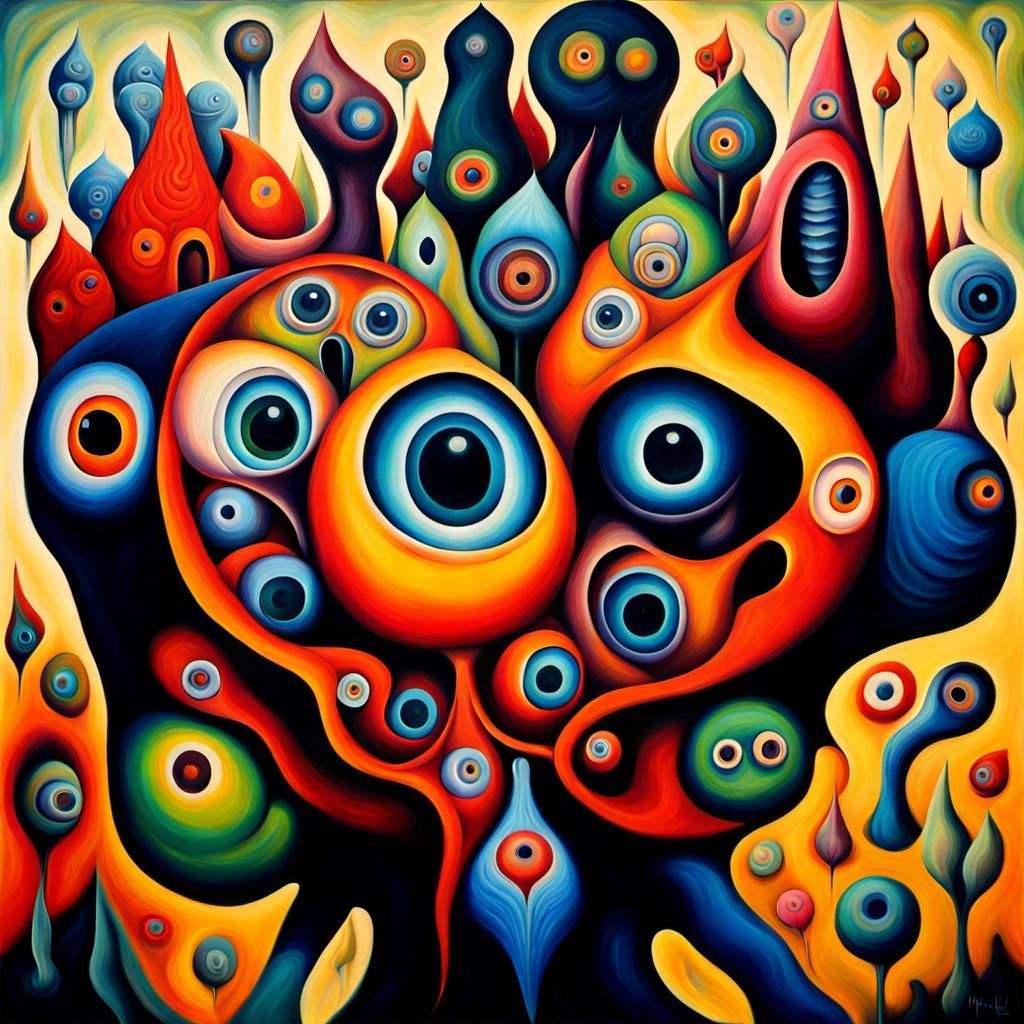 A captivating oil painting by a surrealist depicts surreal creatures ...