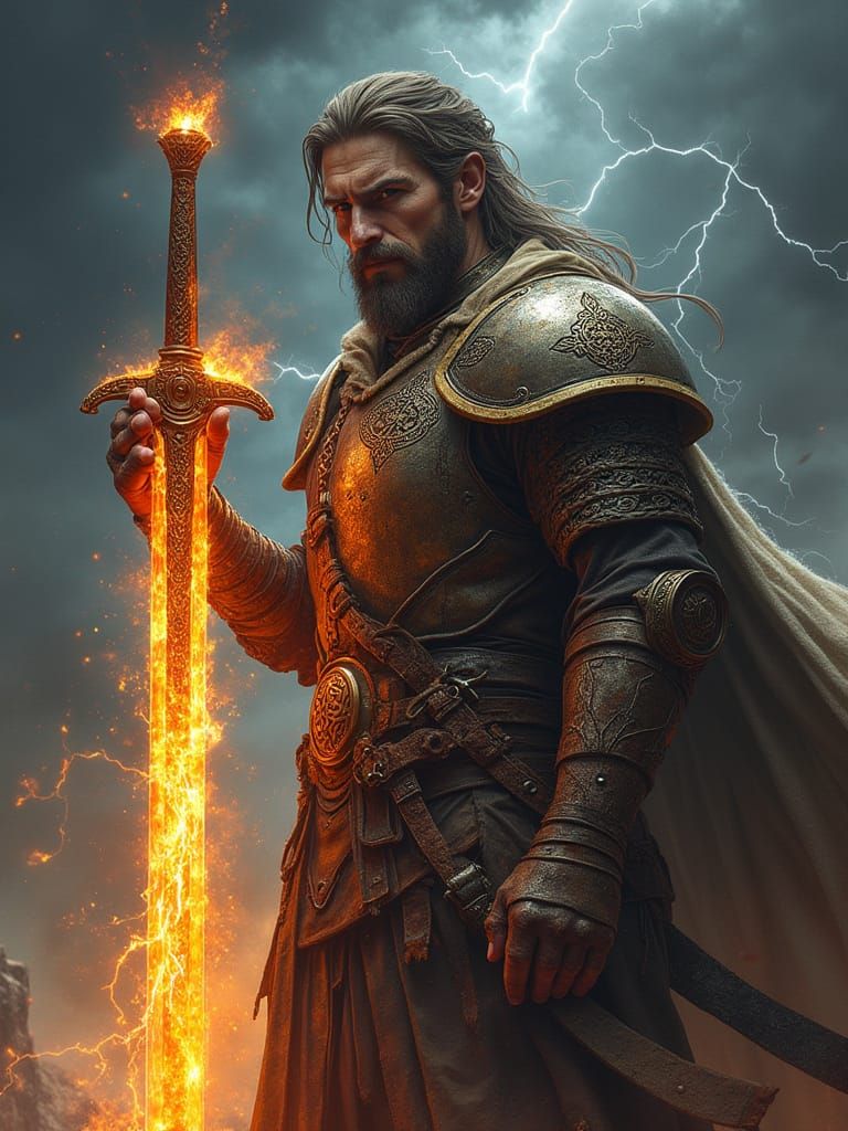 Kaelen Drakemoor, the Stormforged, stands heroically, clad in rugged, battle-worn armor with ...