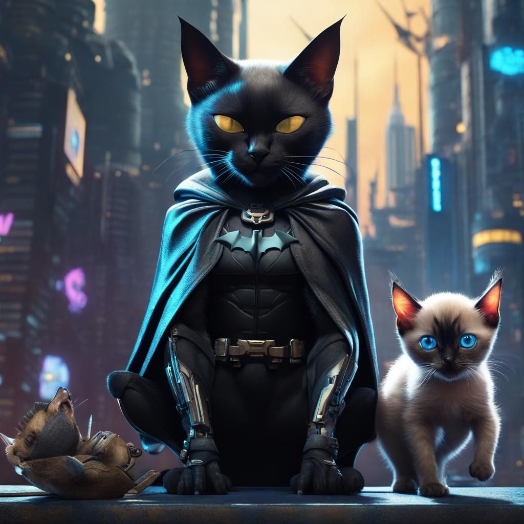 Siamese Cat as a Cyberpunk Batman with kitten as Robin - AI Generated ...