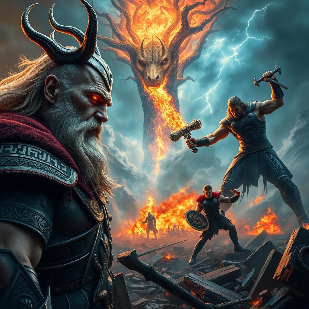 Epic Norse God Odin Confronts Fenrir in a Hyper-Re... - AI Art