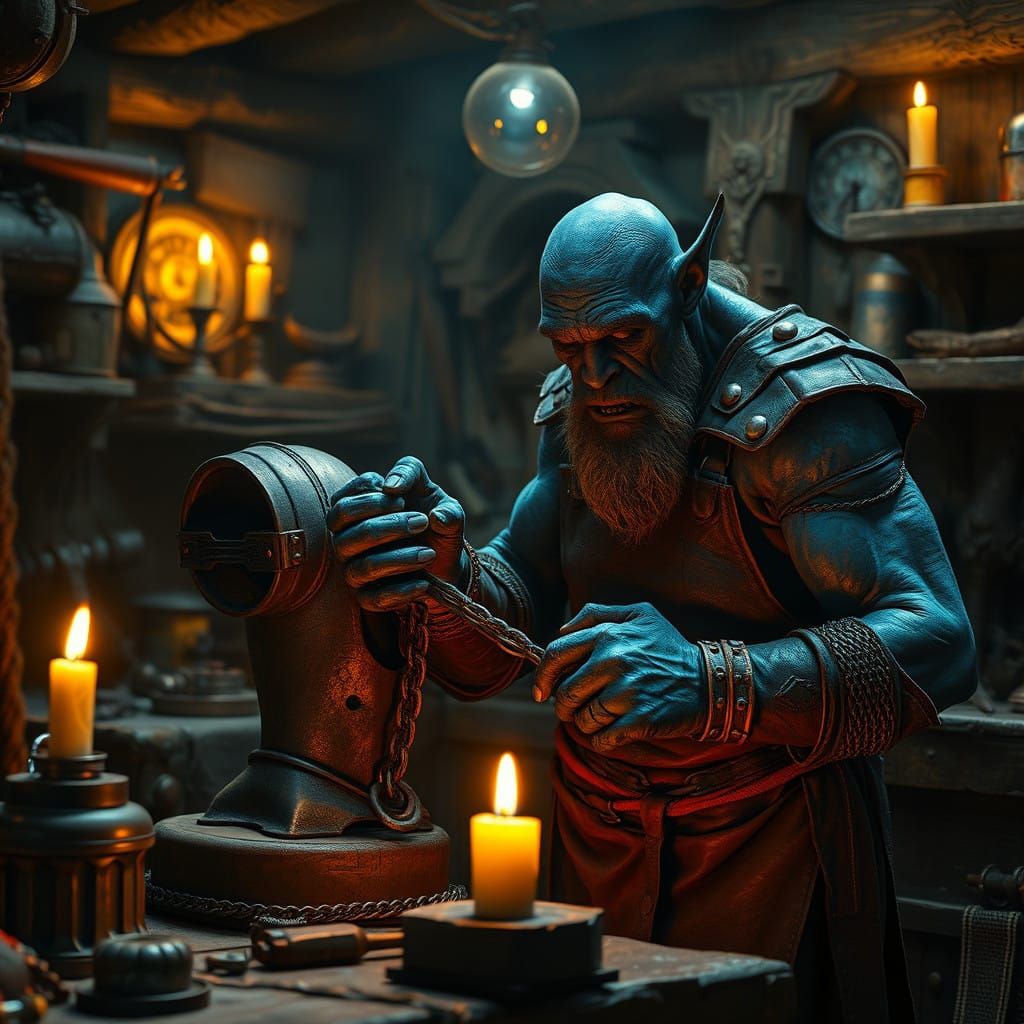 Electric Blue Orc Blacksmith Crafts Chainmail Armo... - AI Art
