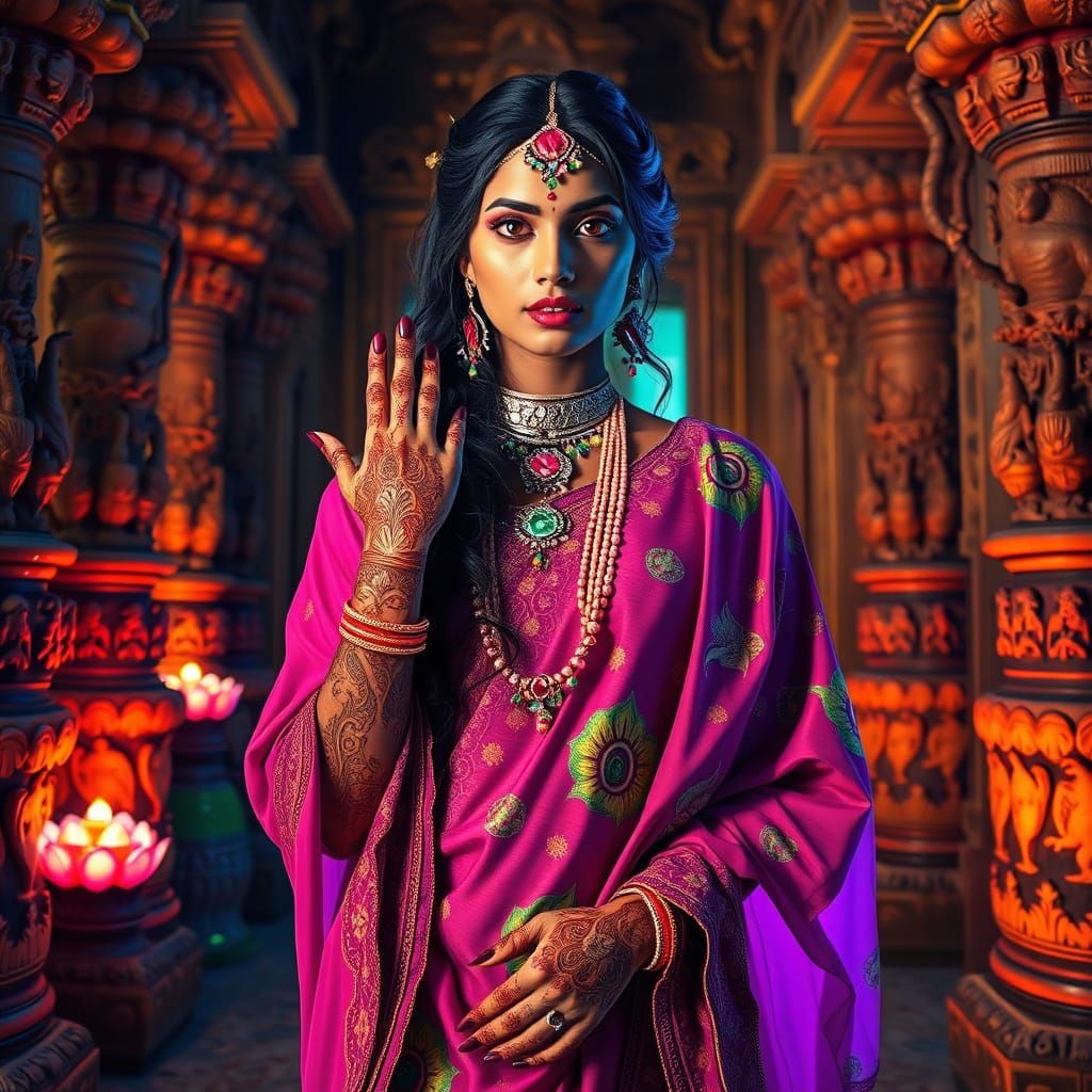 Ethereal Indian Goddess in Neon Hues Amidst Ancien... - AI Art