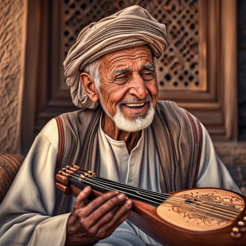 an old happy man playing the arabic oud instrument with great ...