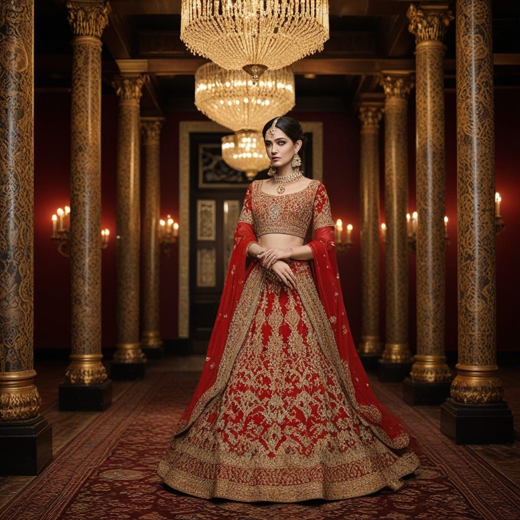 Elegant Model in Opulent Ghagra Choli Attire on Gr... - AI Art