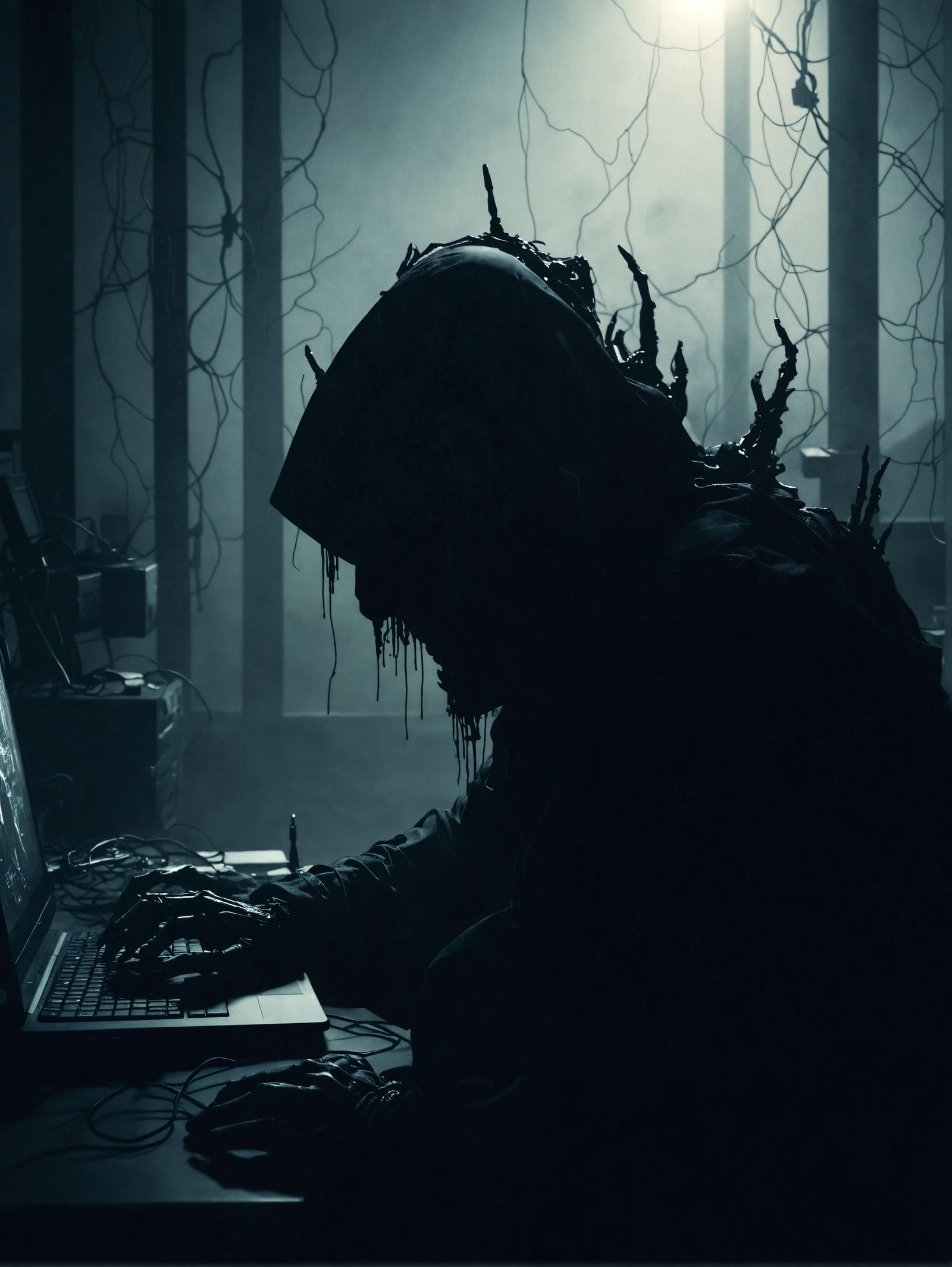 The shadowy Hacker - Cyberpunk Shadow Figure in Macabro Styl...