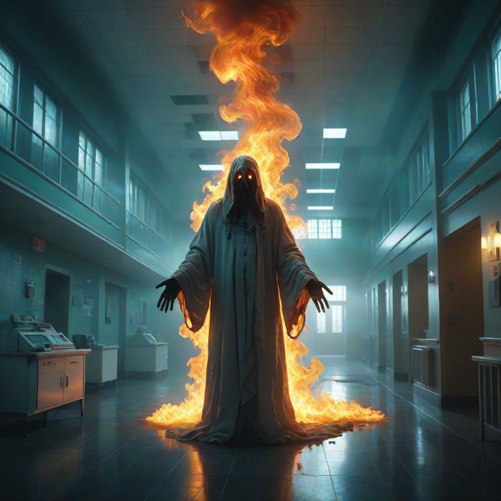 Epic Flaming Ghost in a Haunted Hospital - AI Art