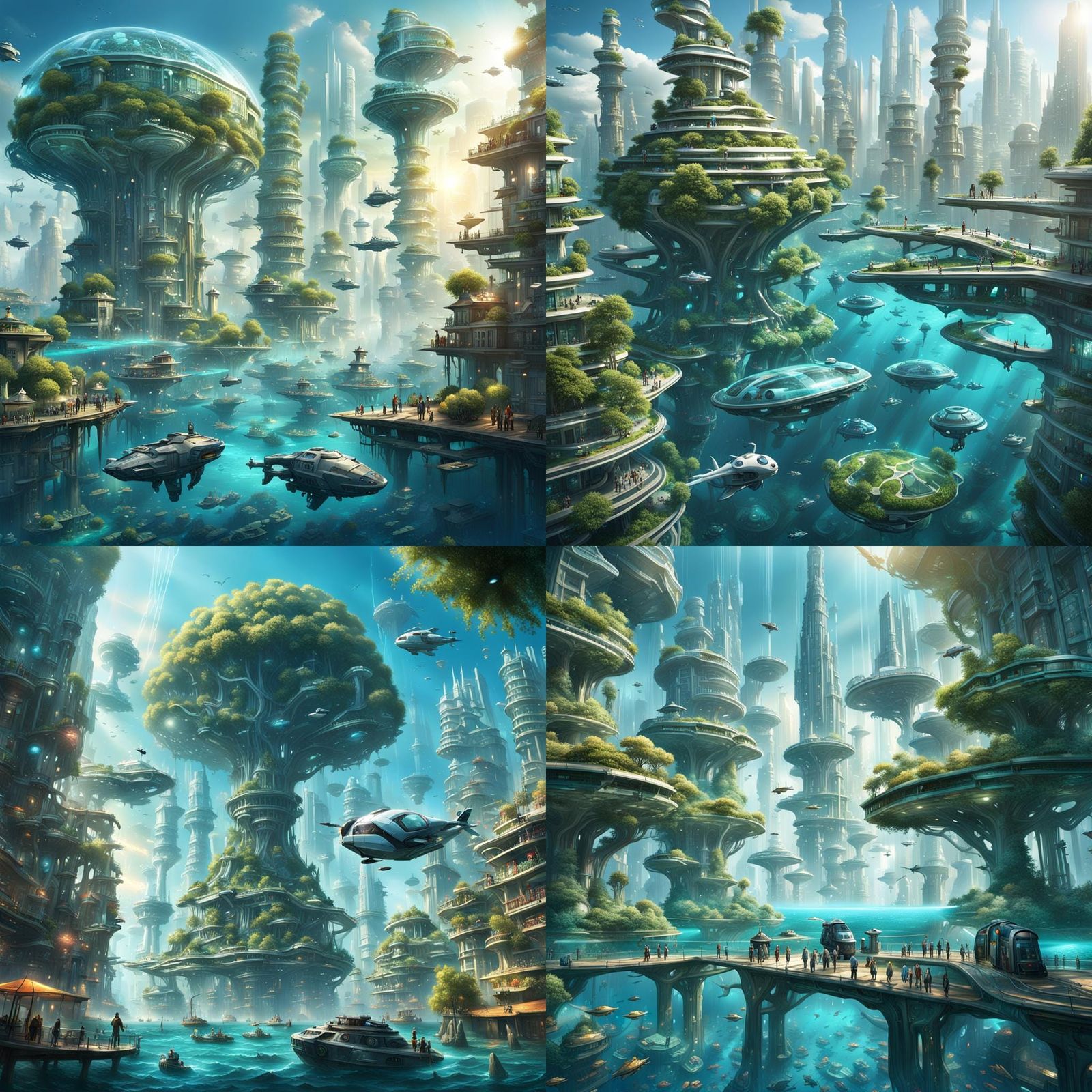 Imagine a futuristic underwater city where bionic beings and aquatic ...