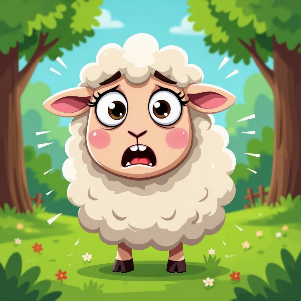 Scared Cartoon Sheep with Worried Eyes - AI Art