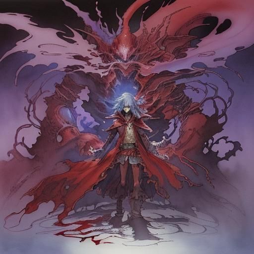 Red Wizard using blood magic, eldritch power, Yoshitaka Amano art ...